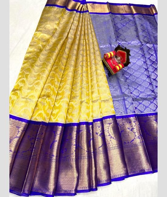 Mustard Yellow and Purple Blue color kuppadam pattu handloom saree with ...