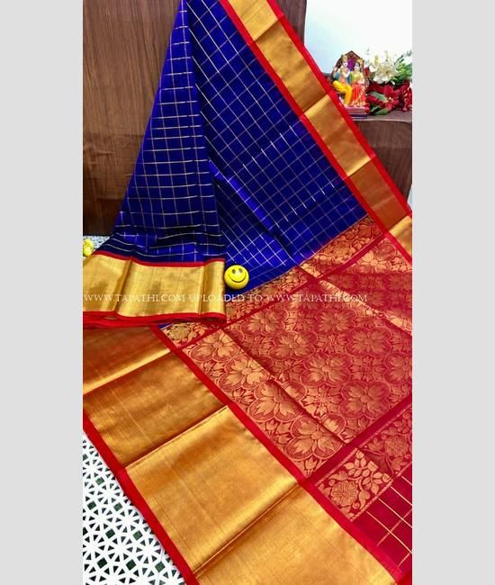 Blue and Red color kuppadam pattu handloom saree with all over checks ...