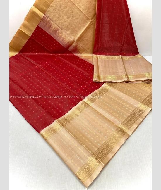 Red and Cream color kuppadam pattu sarees with kuppadam kanchi border ...