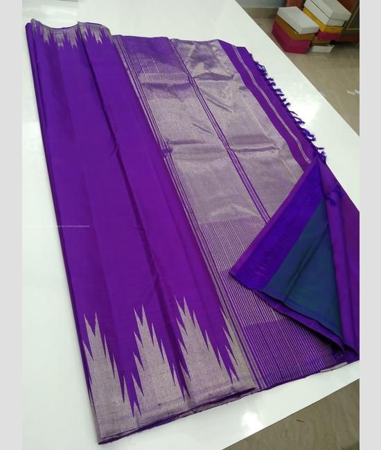 Purple and Teal color kanchi pattu sarees with temple border design ...